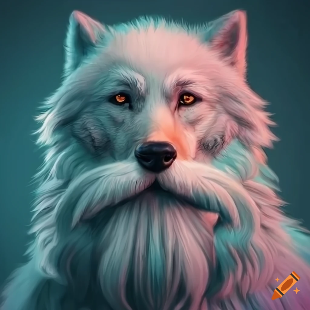 Wise old wolf wearing sweater with long beard, calm, pastel colors