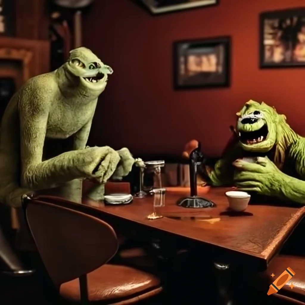 Classic movie monsters enjoying a coffee break at a retro cafe