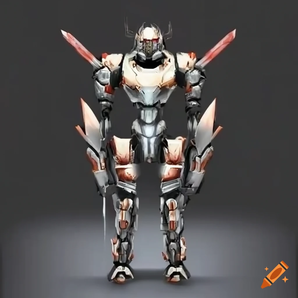 Realistic gigantic mecha holding two swords in front view