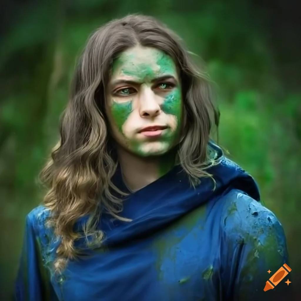 Young pretty male human wizard with very long wavy brown hair, wearing ...