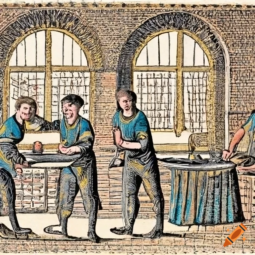 Two young male servants wearing tight pants in medieval attire serving ...