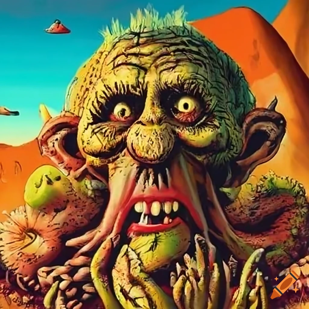 Grotesque monster comic style 1950 décor desert zone 51 cactus ...