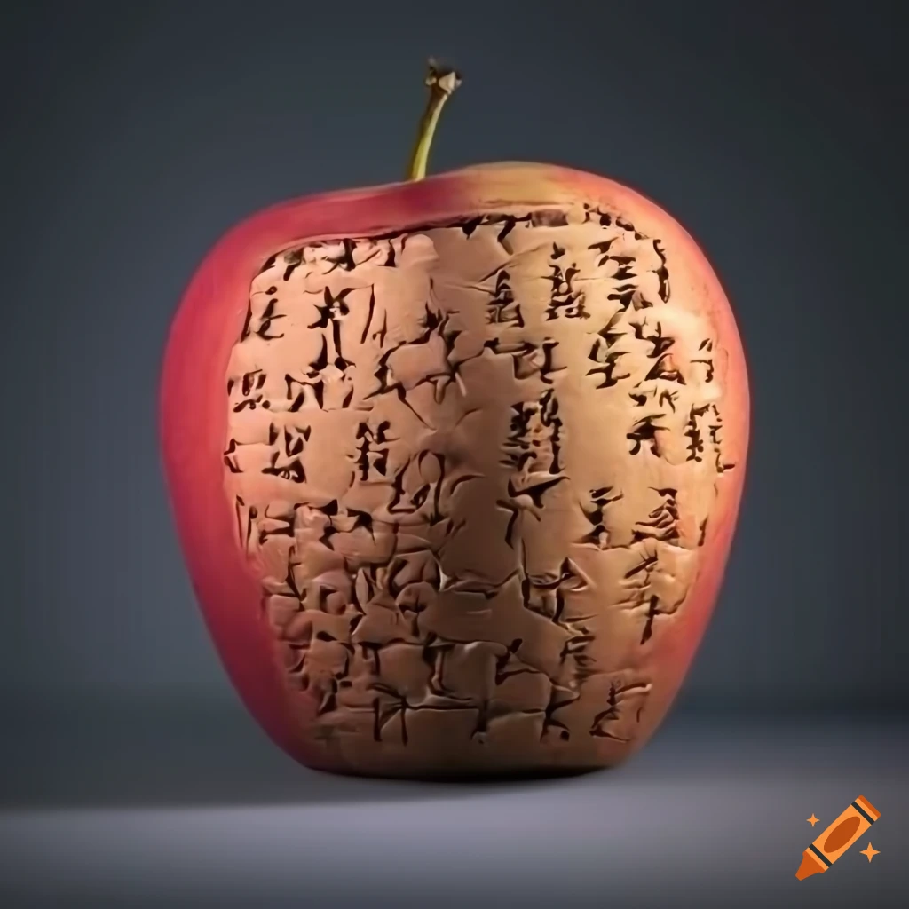 An apple with flesh texture and chinese cuneiform patterned surface on ...
