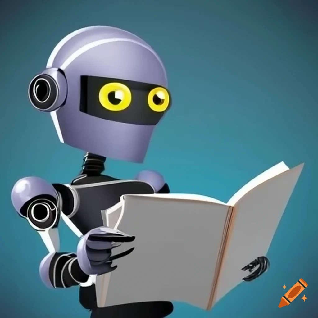 Robot with helmet reading a book on Craiyon