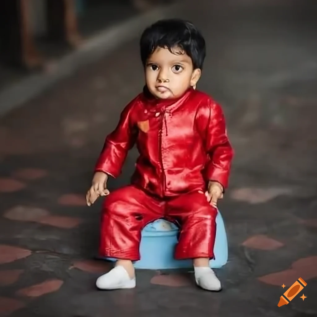 Indian toddler boy in red leather suit sitting on his small potty on ...