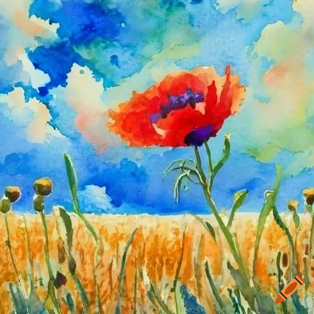 Vivid watercolor, cornflowers, poppies, bright summer landscape ...