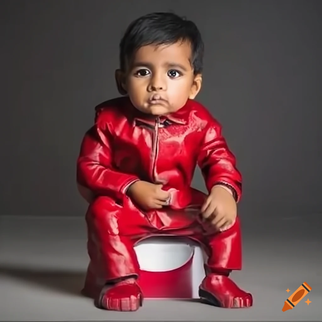 Indian toddler boy in red leather suit sitting on his small potty on ...