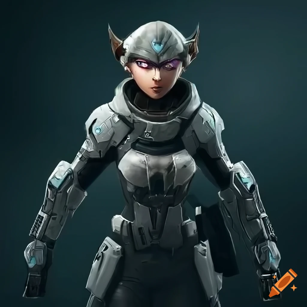 A futuristic rpg shooter. Female, young, pose with a weapon and a a pet ...