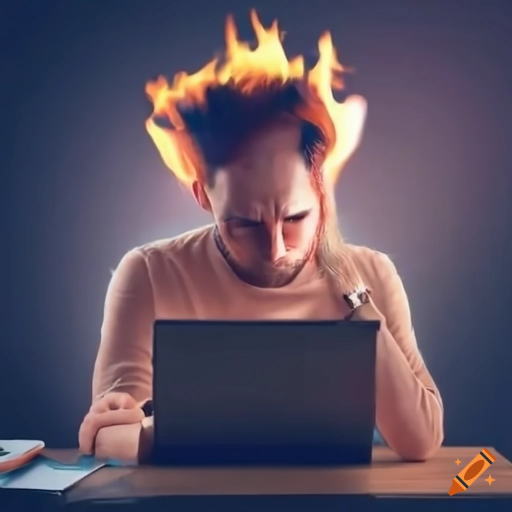 Man with hair on fire using a computer at work