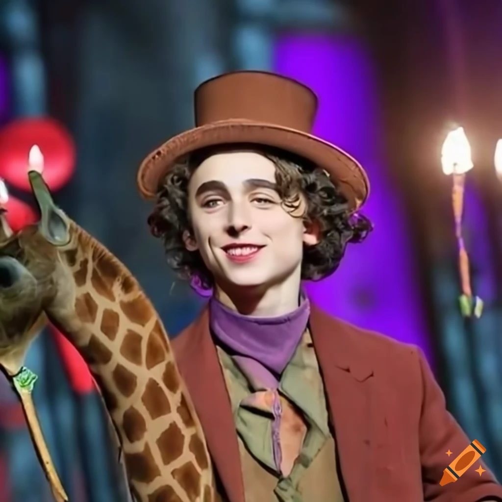 Timothée Chalamet as Willy Wonka with tophat and Red baloons feeding a ...