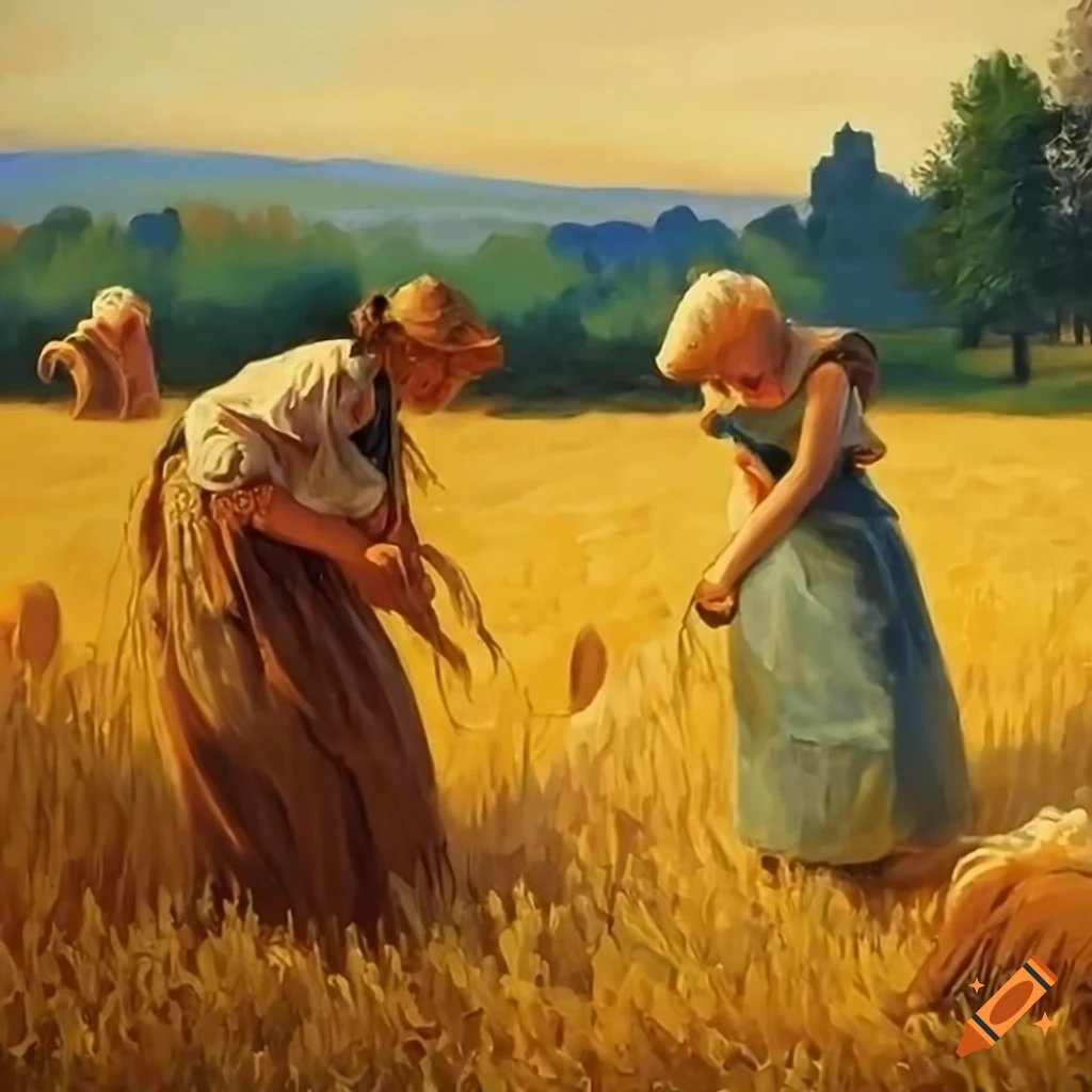 The oil painting depicts the harvest in the countryside