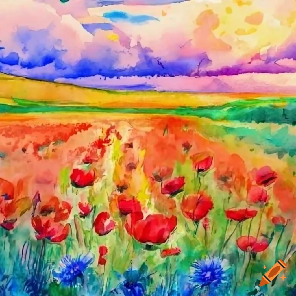 Vivid watercolor, cornflowers, poppies, bright summer landscape ...