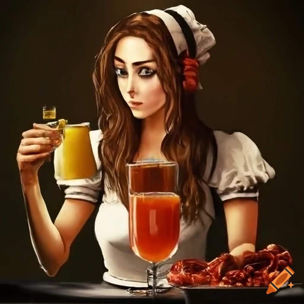 A barmaid delivering a sidecar, and a bloody Mary and a mimosa on Craiyon