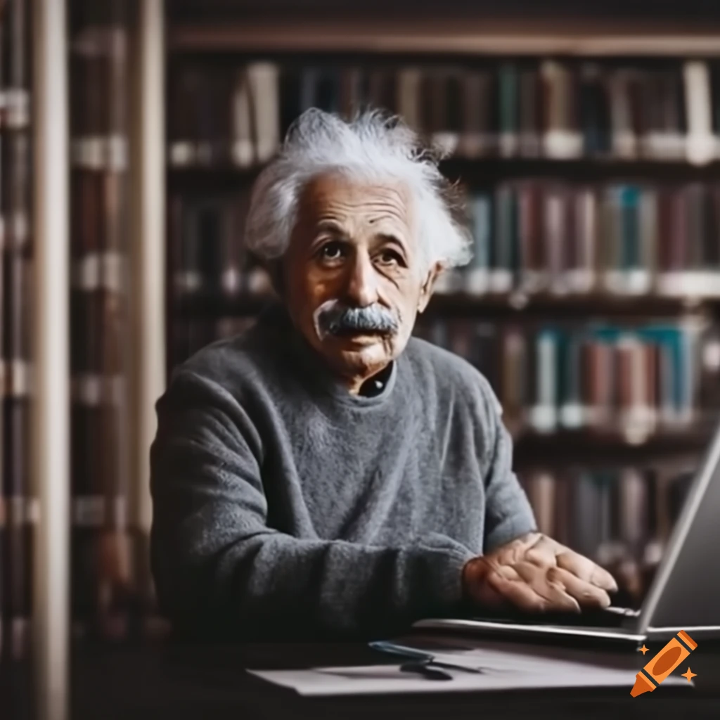 Photo high quality einstein in a library using a computer on Craiyon