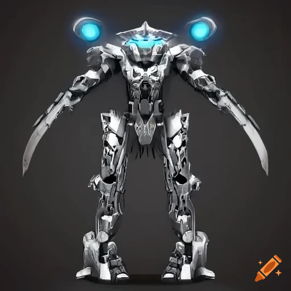Realistic gigantic mecha with blades instead of arms in front view