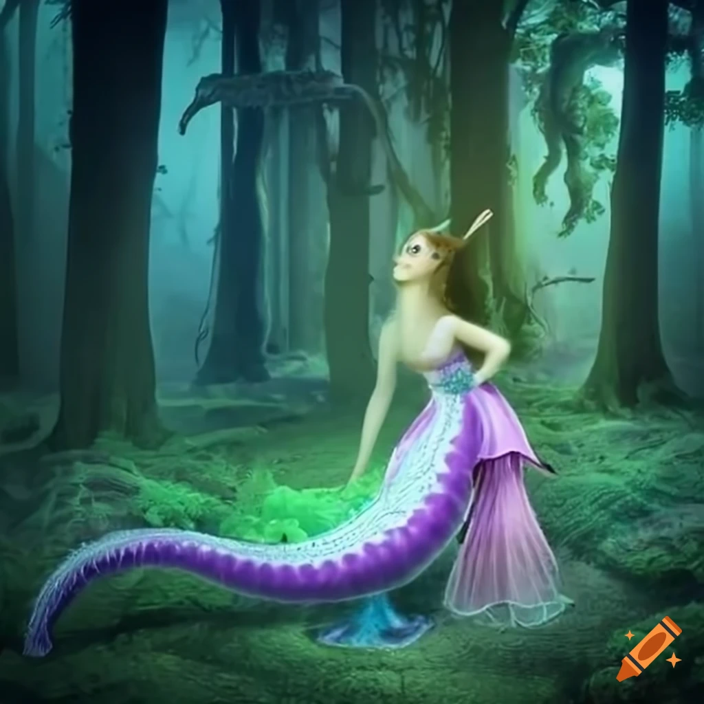 A majestic dinosaur princess in a dreamy, enchanted forest on Craiyon