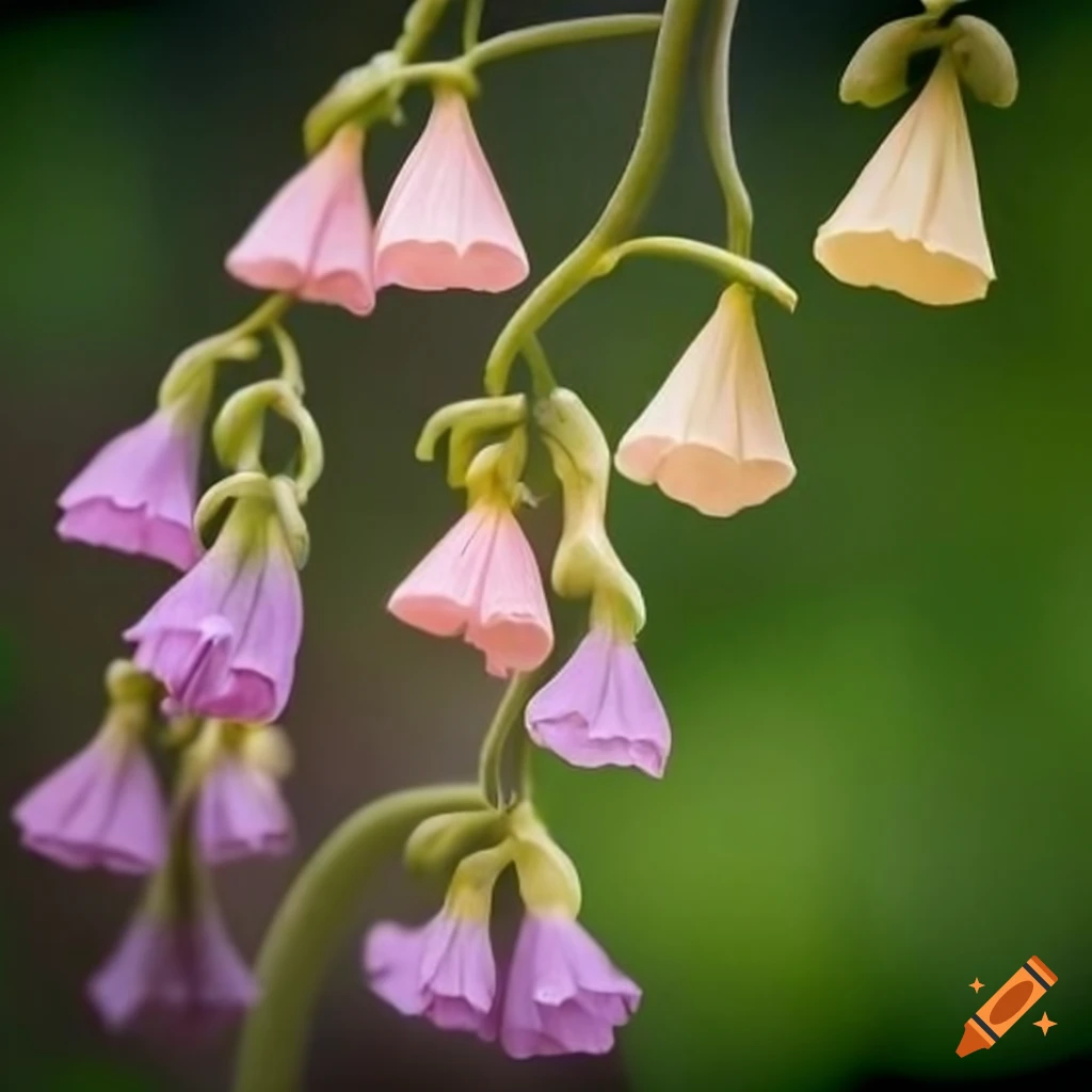 Several bell-shaped flowers in different pastel colors growing from a ...