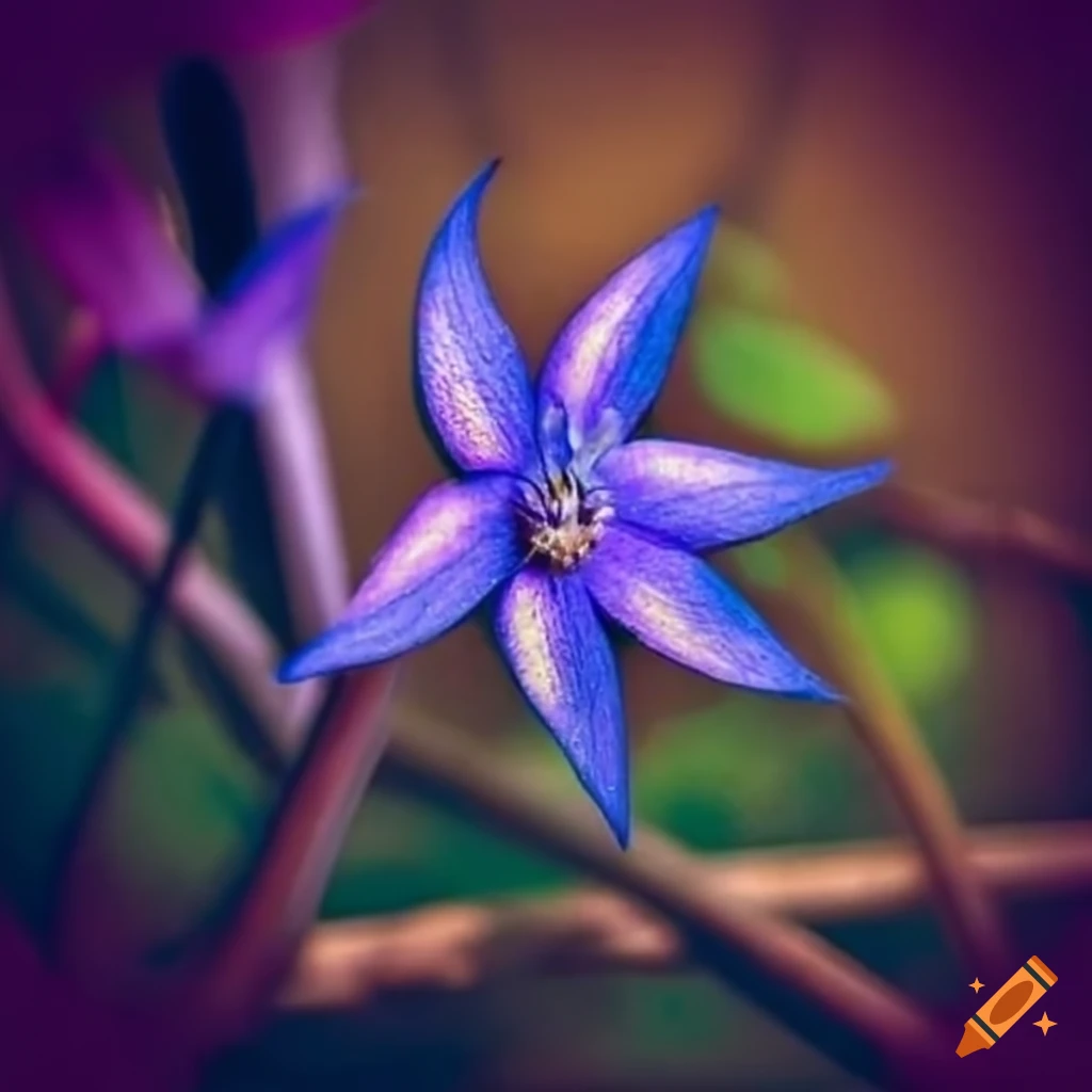 A violet and blue star-shaped flower growing from a thorn vine on Craiyon