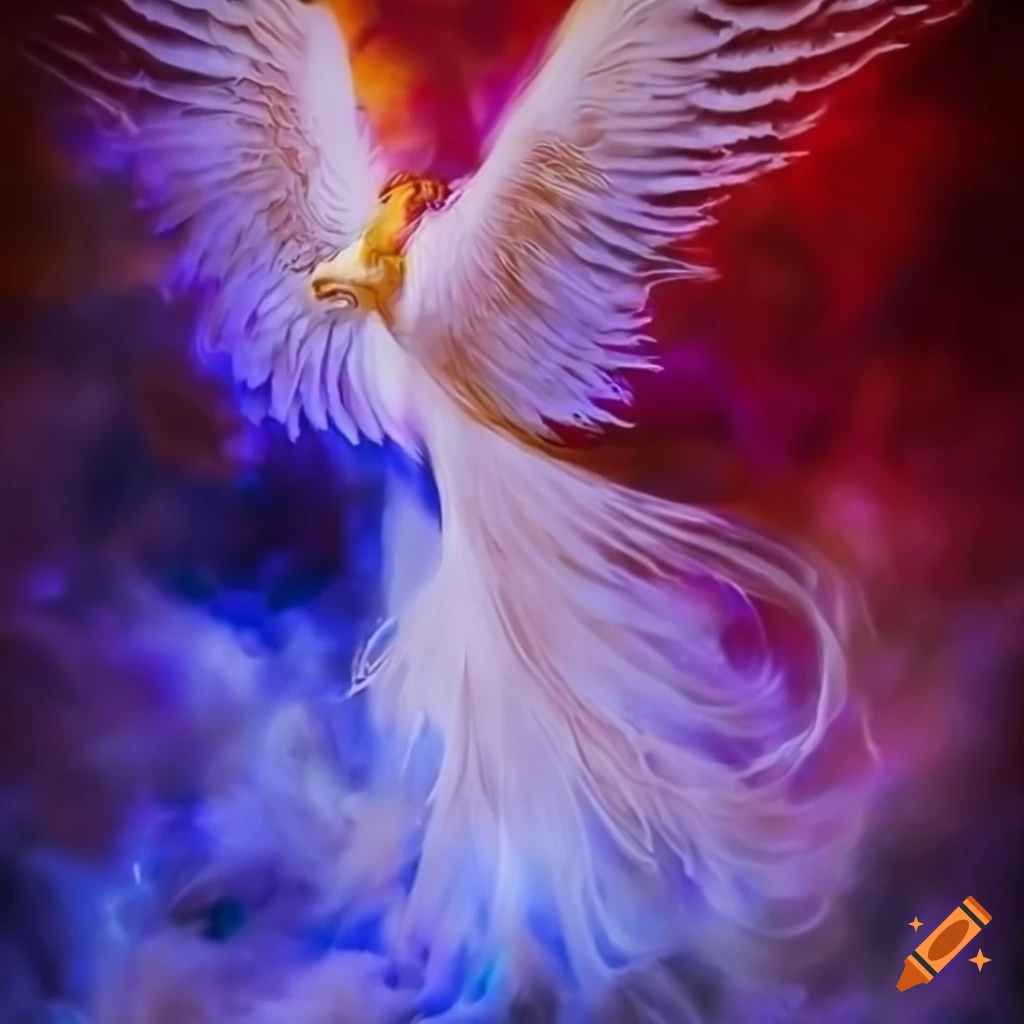Painted white phoenix rising from the ashes, soft colors angelic