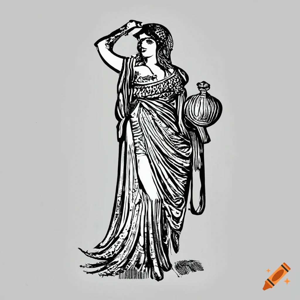 Full body image of a Greek woman holding amphora in woodcut style with ...