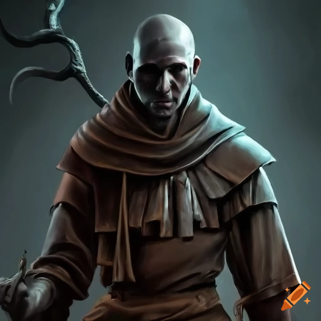 Lovecraft handsome monk wearing black leather armor with staff in ...