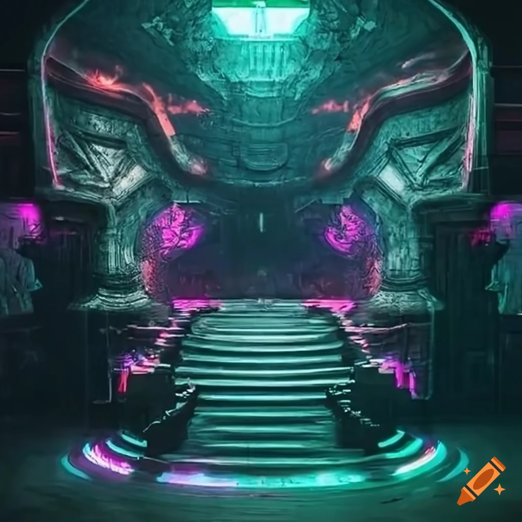 A menacing cyberpunk underground lair with a majestic throne on Craiyon