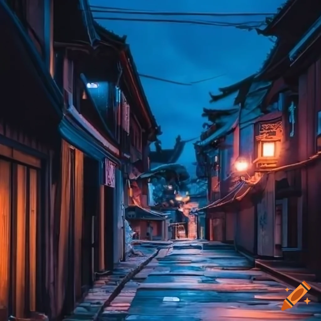 Japanese traditional street located in kyoto with soft lighting and street food on Craiyon