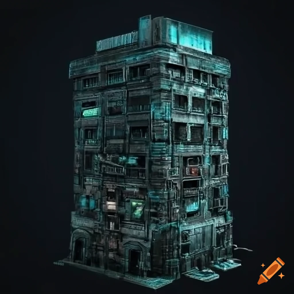 Scifi cyber dystopian apocalyptic detailed building on Craiyon
