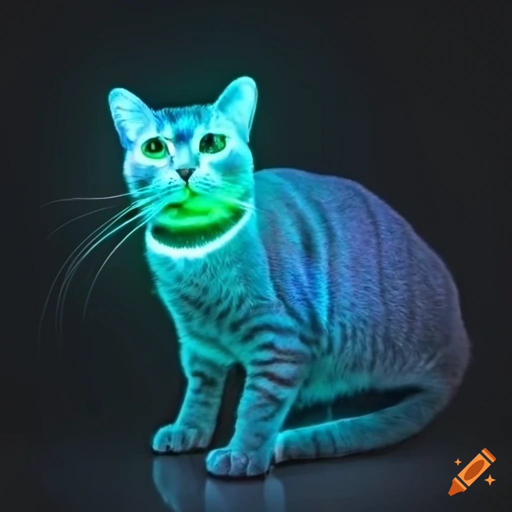 A futuristic holographic cat glowing on a white background on Craiyon