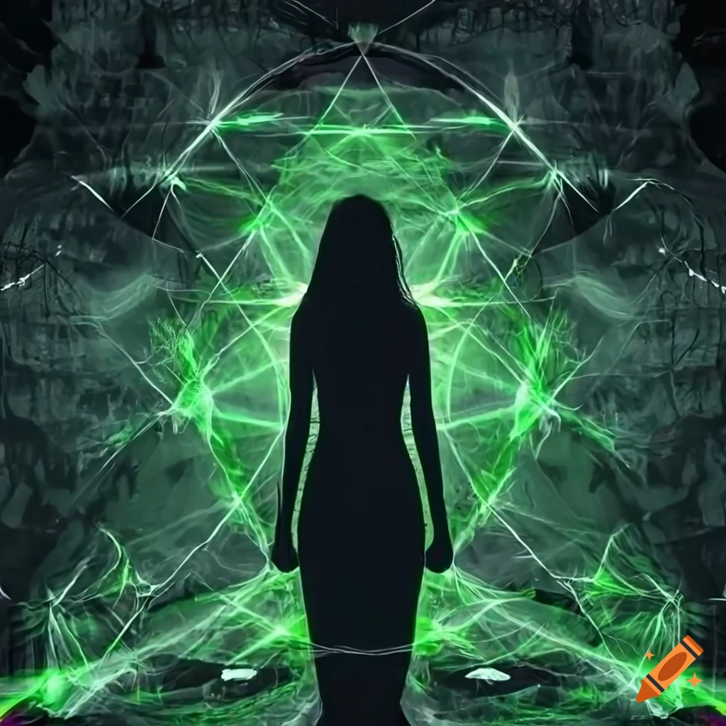 A black void with a glowing green wireframe of a beautiful woman in the ...