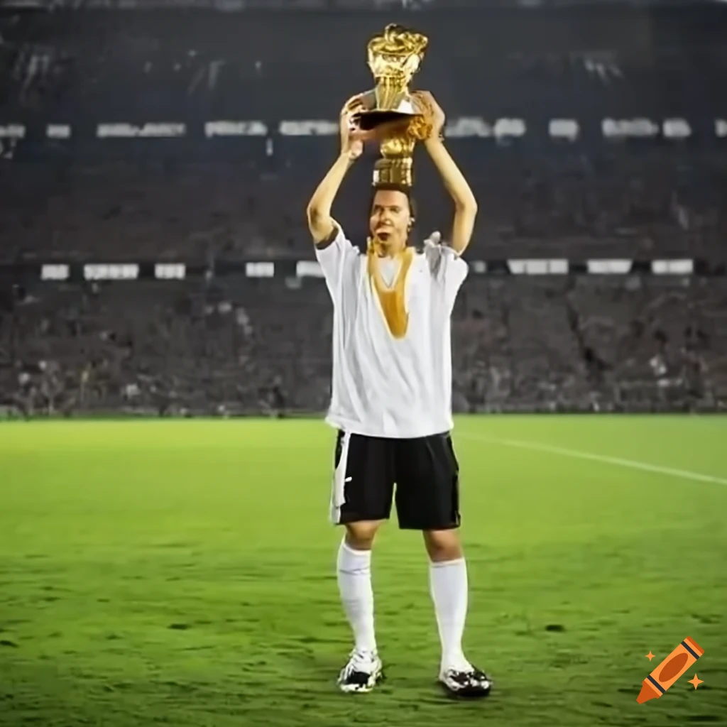 Soccer player holding a golden trophy, celebrating victory on the field ...