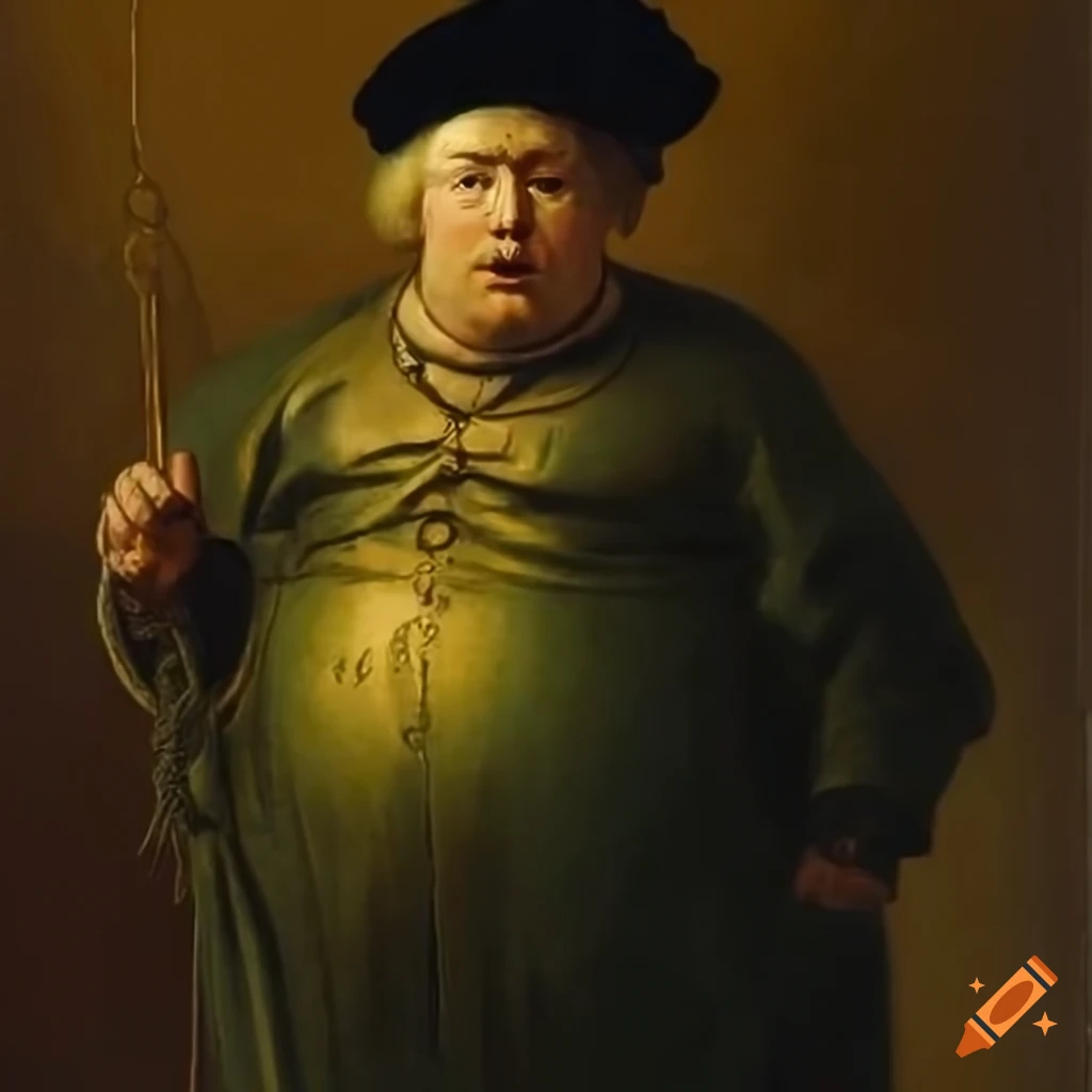 Fat man in green-gold suit, he's a tightrope walker, left foot on the ...