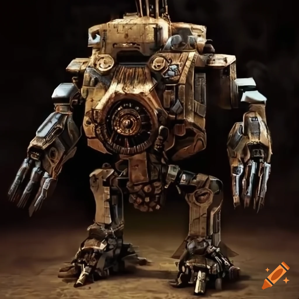 Steampunk-inspired mech with advanced energy source, ready for battle