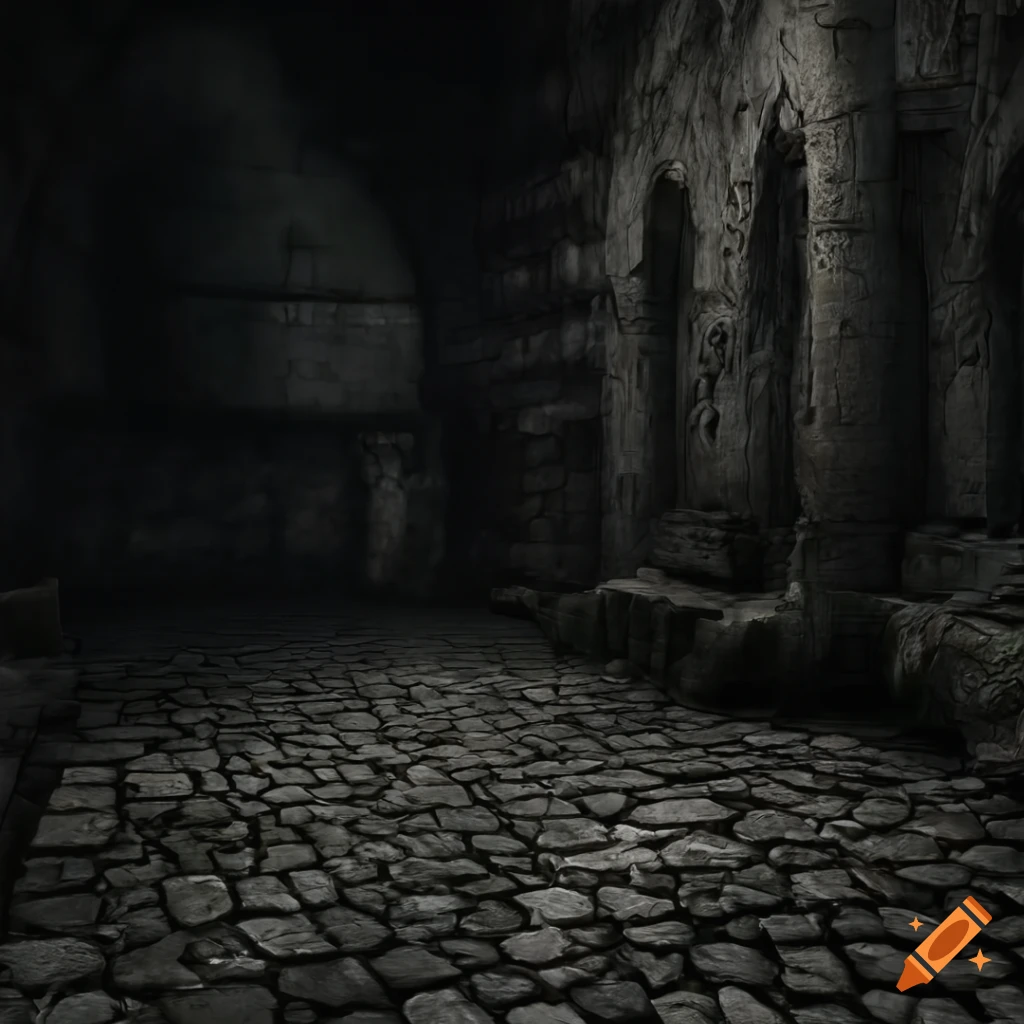 Concrete dungeon with cobblestone floor and chains, dark, fantasy, high ...