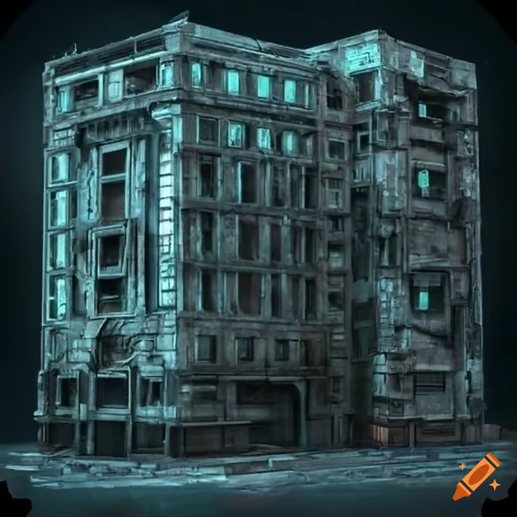 Scifi cyber dystopian apocalyptic detailed building on Craiyon