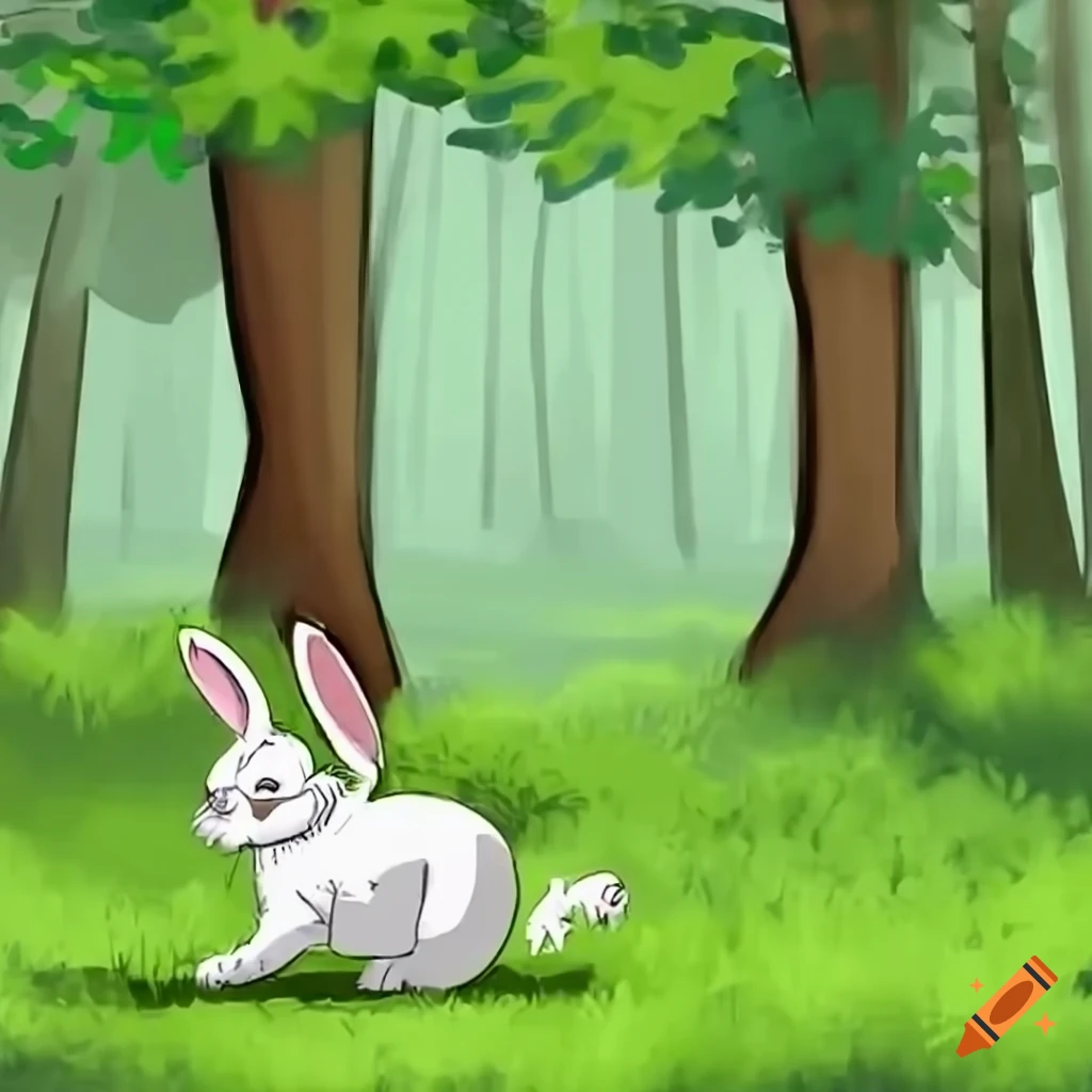 Cartoon bunny hopping through forest on Craiyon