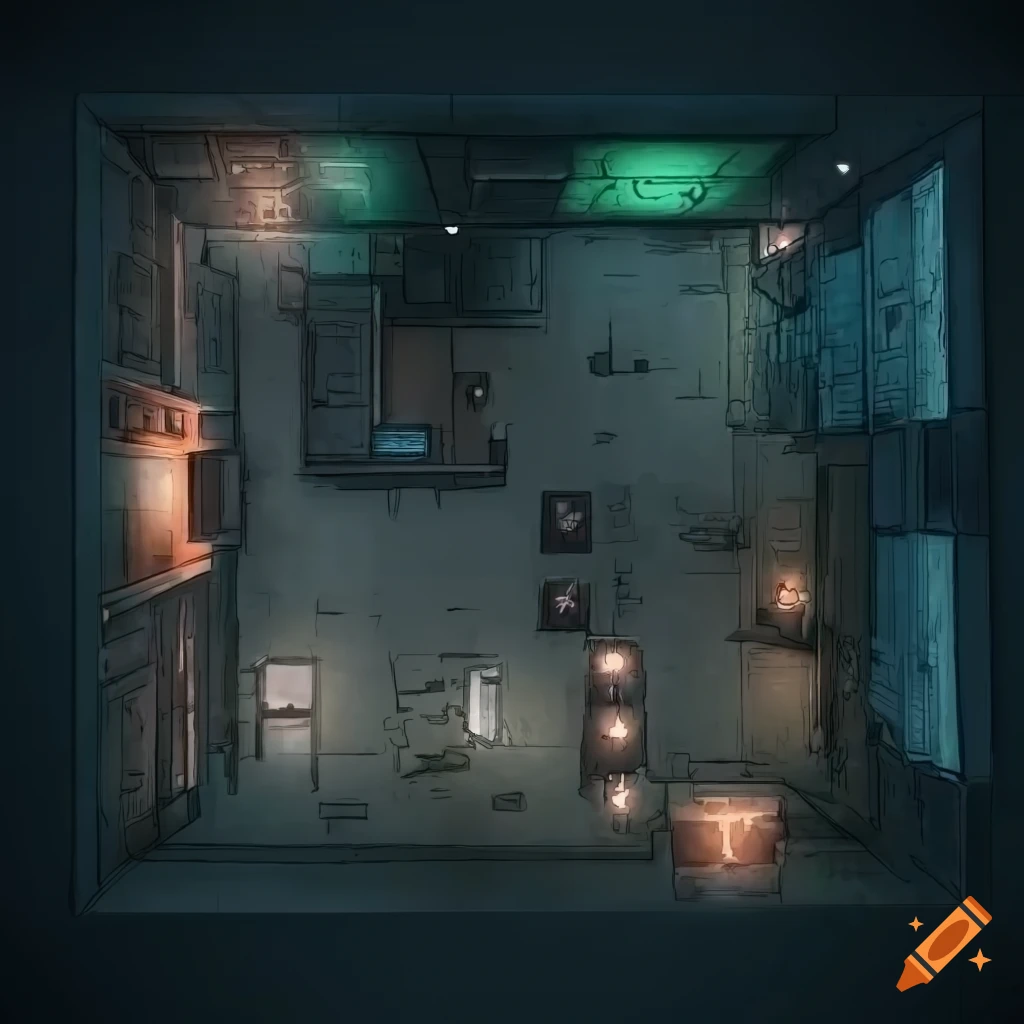 Create a top view map for TTRPG CyberpunkRED. It should be an empty ...