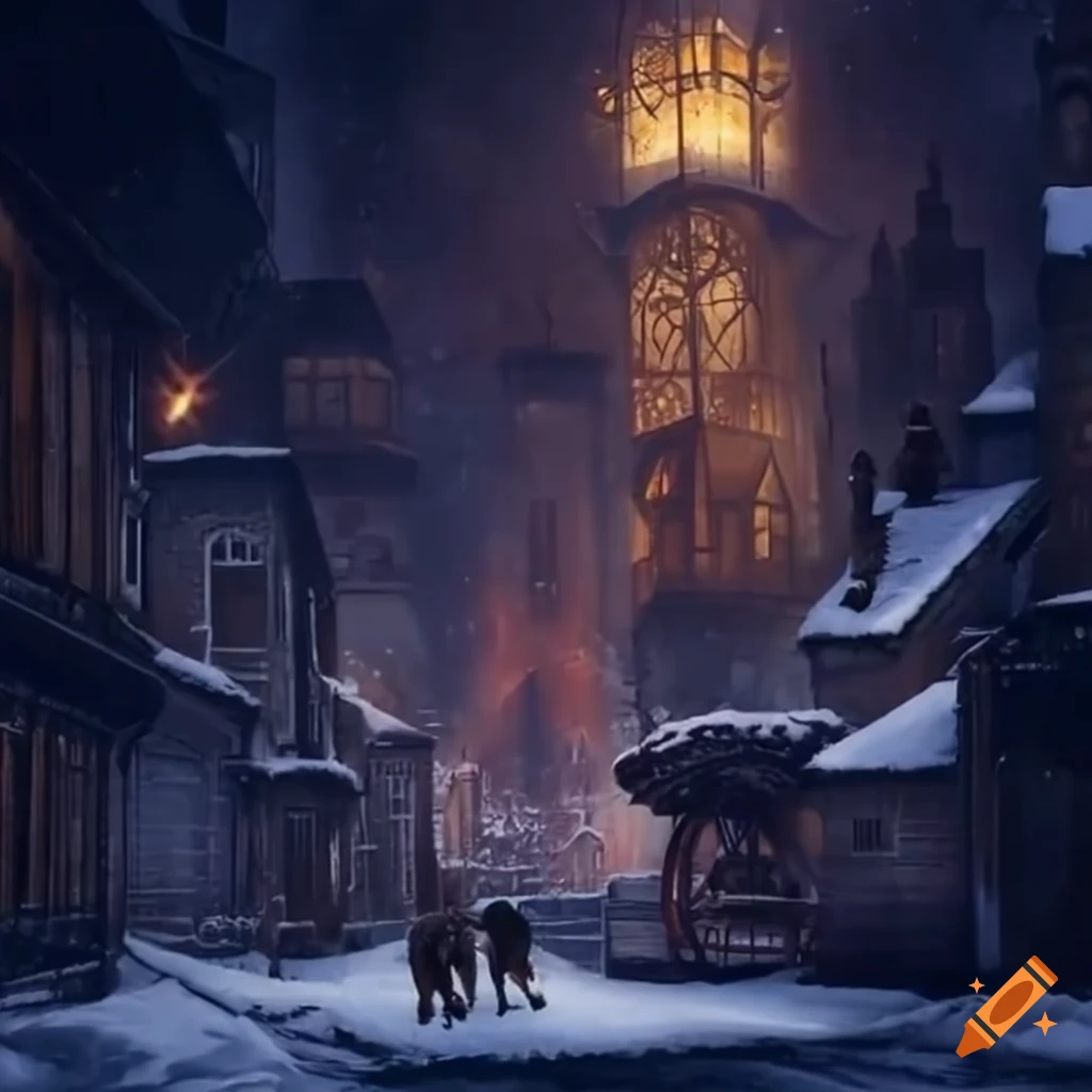 A snowy steampunk town with horse-drawn sleighs on Craiyon