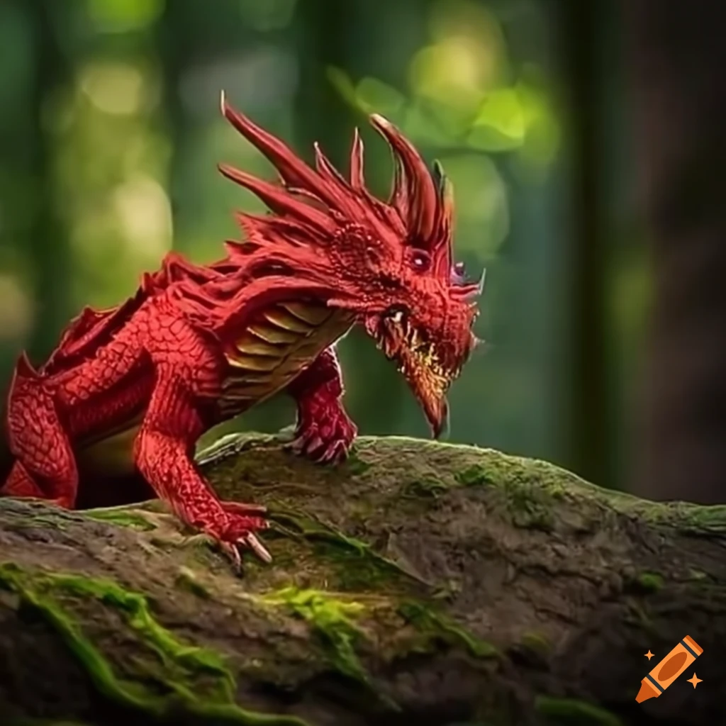 A majestic red dragon guarding treasure in a enchanted forest on Craiyon