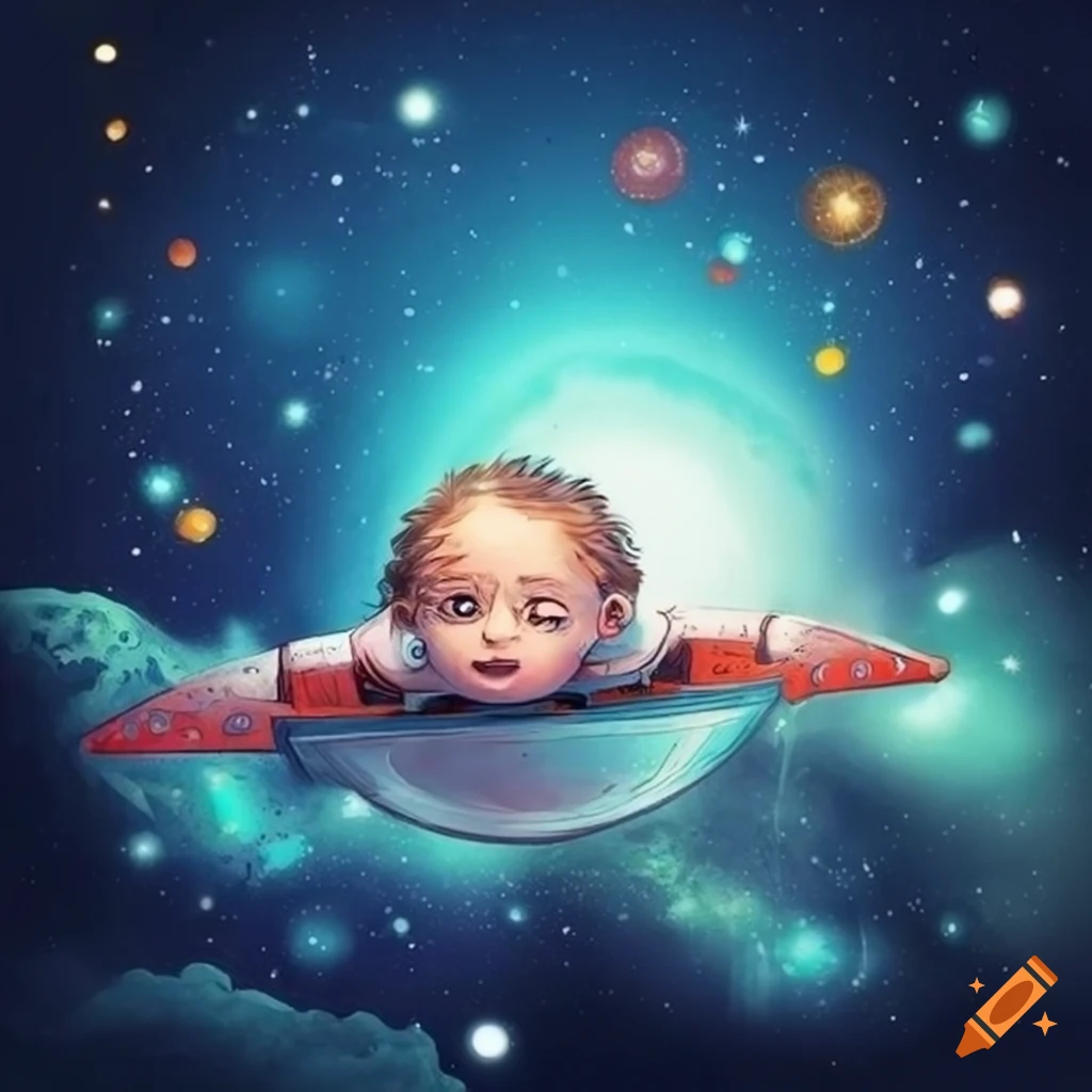 A dreamy illustration of a child exploring space in a spaceship on Craiyon