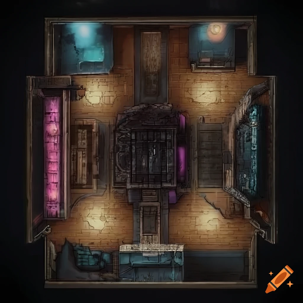 Create a top view map for TTRPG CyberpunkRED. It should be an empty ...