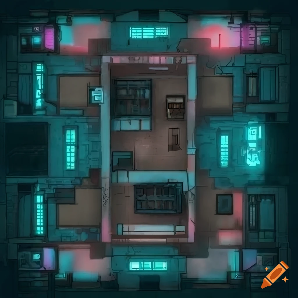 Top-down basement floor battlemap for cyberpunk red ttrpg in a ...