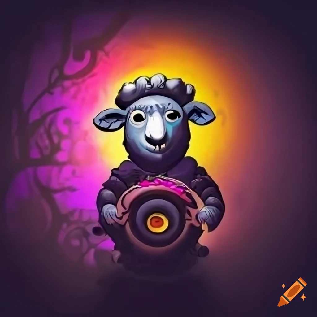 A music and rave party themed logo, a spooky dj sheep plays with ...