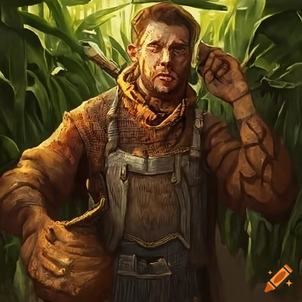 Artwork of a resilient handsome rugged male farmhand tending to a ...