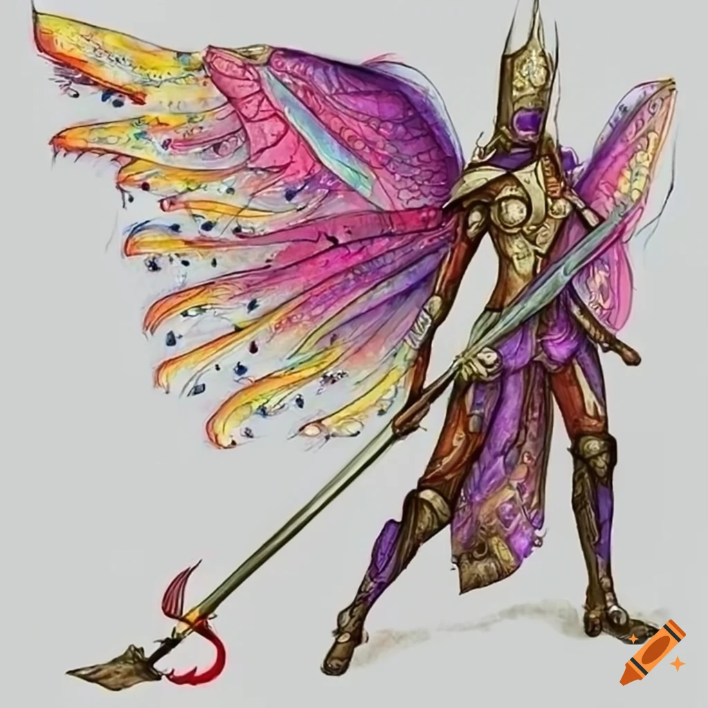 Fantasy fairy royal guard with colorful wings and a lance on Craiyon