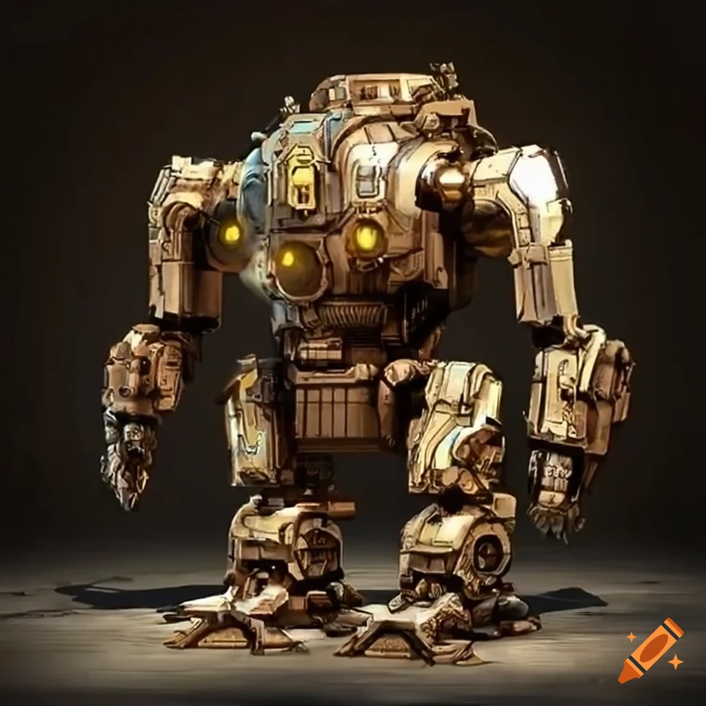 Steampunk-inspired mech with advanced energy source, ready for battle