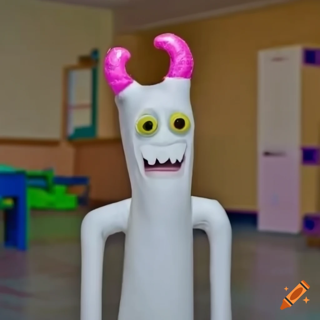 Tall white skinny monster with horns wearing a pink bow on its head and ...