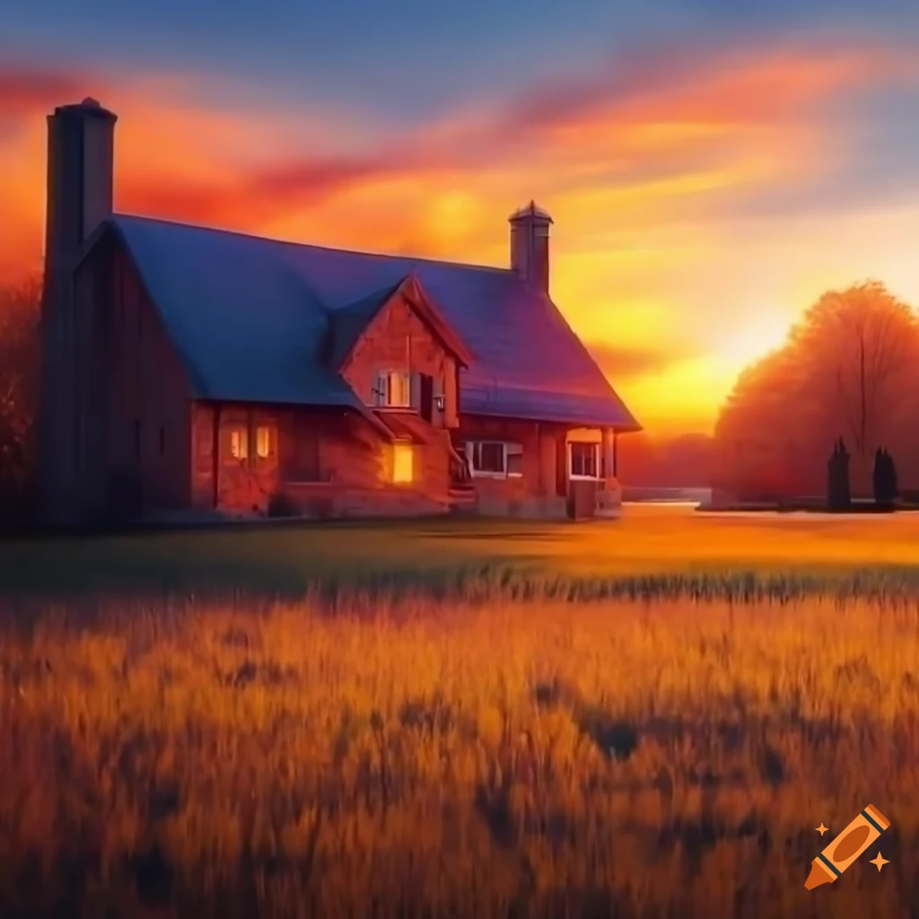 Autumn sunset at a countryside house, with warm colors, in 4k mejorar ...