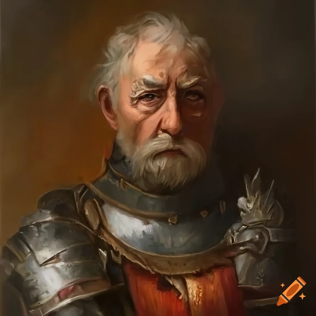 Oil painting of old knight with griffin on Craiyon