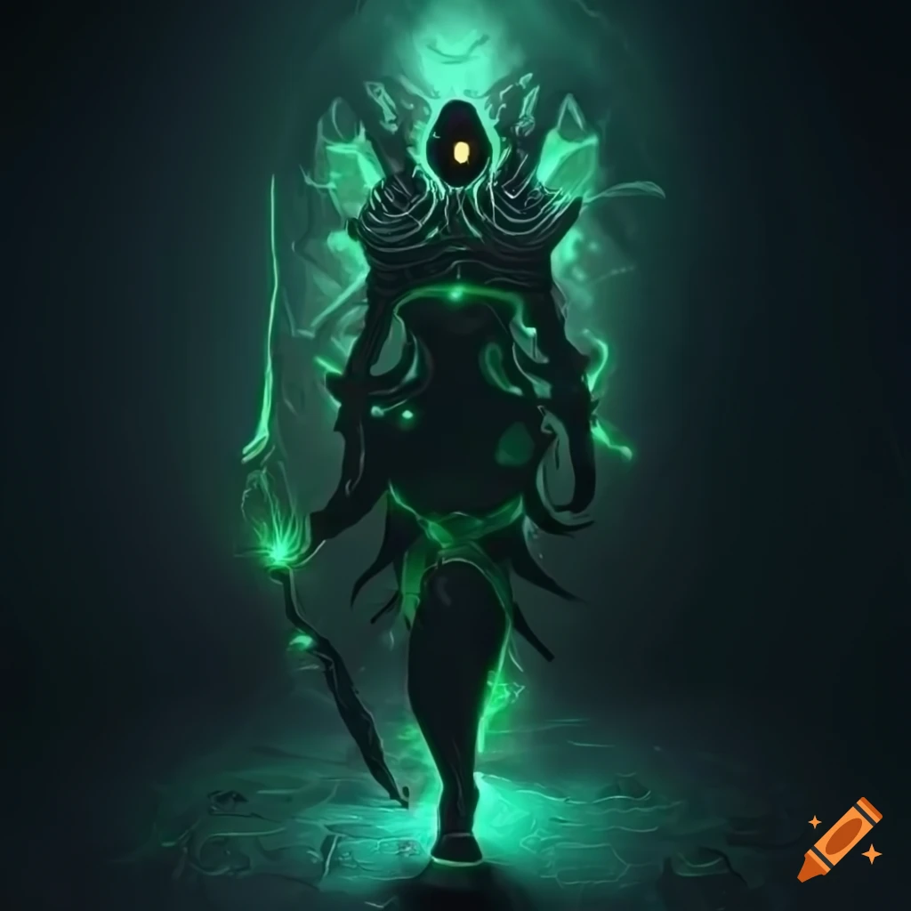 An inky black void with glowing green wireframes depicting a fantasy ...